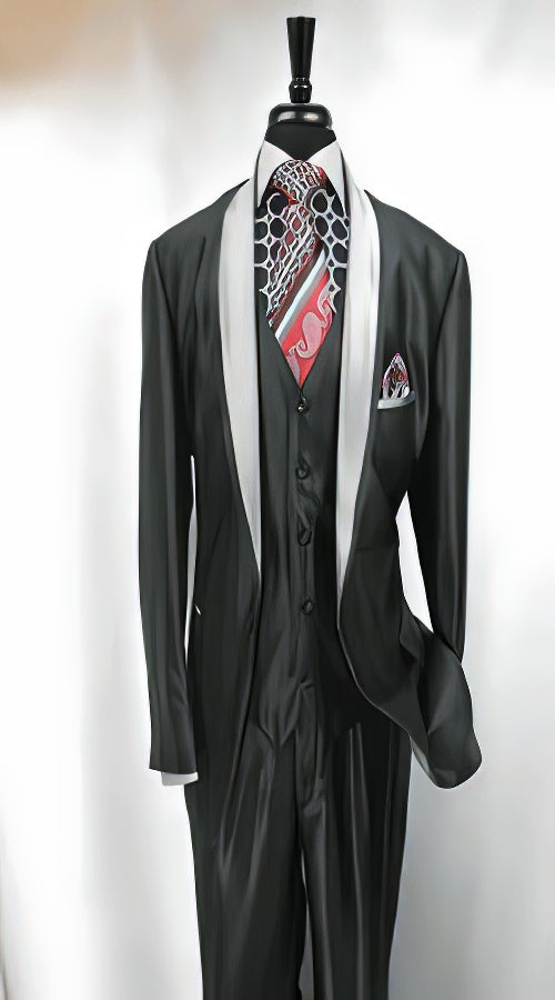 Men'S 3 Button Two Toned Tuxedo Jacket And Vest Suit Jacket Grey, Blac ...