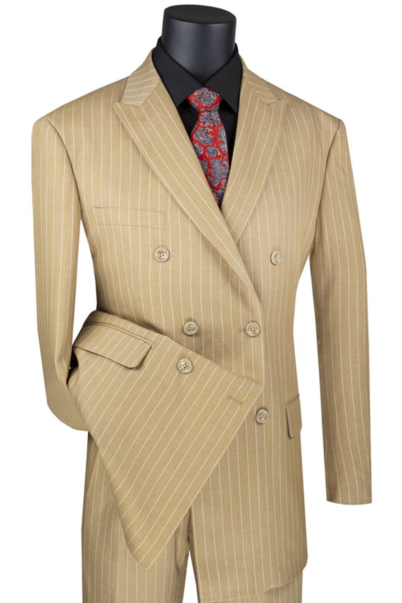 Mens Double Breasted Gangster Bold Pinstripe Suit in Camel — MensUSA