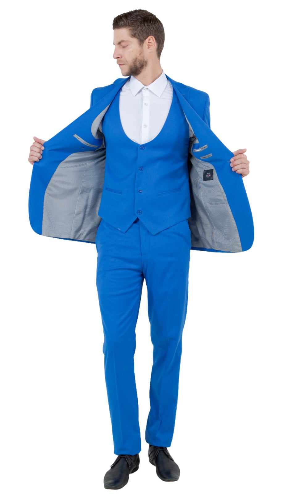 Stretch Fabric 4 Way Slim Fitted Mens Suit in Color Blue Peak Lapel On ...
