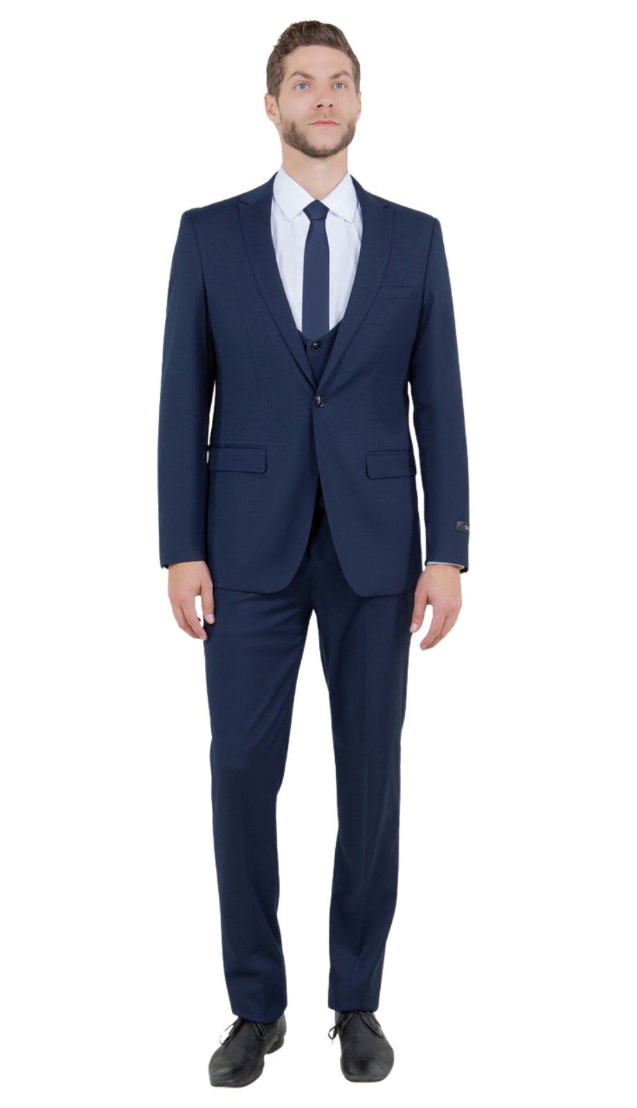 Stretch Fabric 4 Way Slim Fitted Mens Suit in Color Navy Blue Peak Lap ...