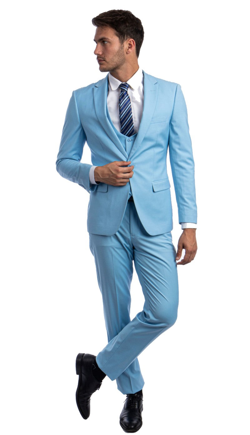 Stretch Fabric 4 Way Slim Fitted Mens Suit in Color Sky Blue Peak Lape ...