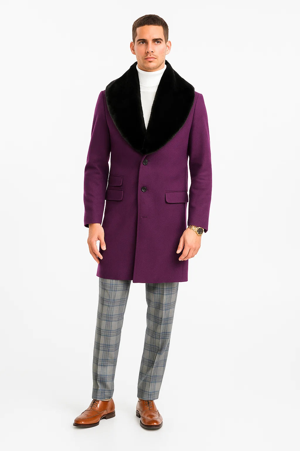 Mens Purple Overcoat With Fur Collar - Purple Topcoat — MensUSA