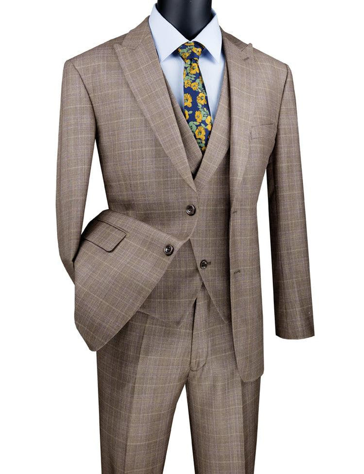 Three Piece Glen Plaid Tan Suit — MensUSA