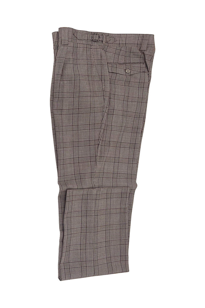 Tiglio Luxe Taupe with Burgundy Windowpane Semi-Wide Leg Wool Marbella ...